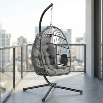Songmics Fauteuil Suspendu Pliable &agrave; Hauteur R&eacute;glable, avec Coussin, pour Jardin, Balcon, Gris