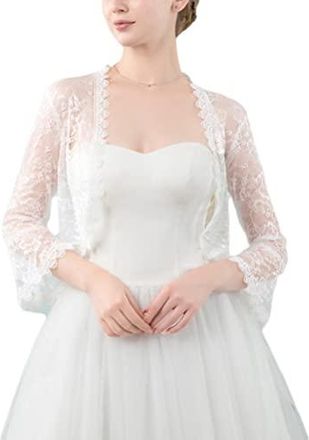 Minetom Boléro Dentelle Femme Gilet Court Elégant Mariage Soirée Cocktail Manches Longues Veste Cardigan Châle Ouverte pour Robe B Blanc Taille Unique