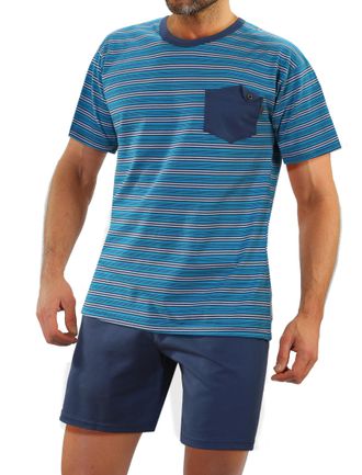 Sesto Senso Herren Schlafanzug Kurz Gestreift Pyjama Baumwolle Kurzarm T-Shirt Pyjamahose Zweiteilig Set Navy blau XXL 05 K67ZC