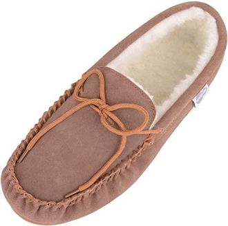 SNUGRUGS Mocassins/Pantoufles en peau de mouton pour hommes/chaussons marron avec semelle en caoutchouc. EU 43