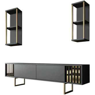 Dmora Dmora - Meuble tv Dliveran, Buffet de salon, Armoire basse pour tv, Base murale de rangement, 180x30h48 cm, Anthracite et Noir