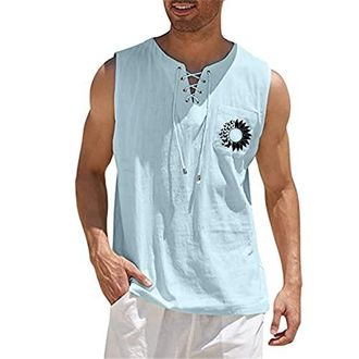 Generic D&eacute;bardeur Henley en coton et lin pour homme - Printemps - &Eacute;t&eacute; - D&eacute;contract&eacute; - Sport d&eacute;contract&eacute; - Sans manches - Gilet en coton et lin - Pour peinture