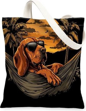 Generic Sac fourre-tout en toile motif chien Bloodhound pour faire du shopping 33 x 38,1 cm, sac d&eacute;picerie r&eacute;utilisable avec palmier tropical amusant pour fem