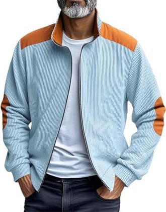 Generic Veste en velours c&ocirc;tel&eacute; pour homme avec col montant patchwork vintage - Veste de loisirs en coton l&eacute;ger - Sans capuche - Avec fermeture &eacute;clair, bleu c
