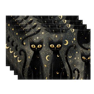Generic Platzsets mit Katze, Fantasievolle Gothic-dekorative Tischsets f&uuml;r Esstisch, Halloween, rutschfest, waschbar, f&uuml;r Innen- und Au&szlig;enbereich, K&uuml;che, Part