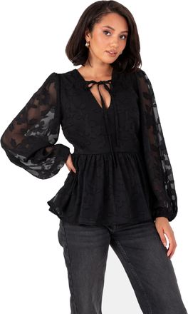 Lovedrobe Womens Floral Top Ladies Blouse Long Balloon Sleeve V-Neckline Peplum Chiffon Tie Front Smart Casual Office Wear, Schwarz 36