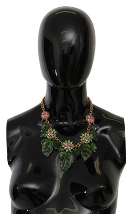 Dolce & Gabbana Green Feuilles en laiton dor&eacute; Collier de fleur de cristal en laiton