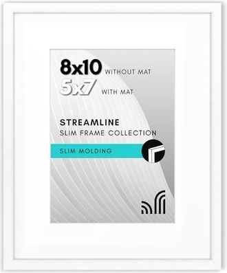 Americanflat 8x10 Bilderrahmen Weiß. 5x7 mit Matte oder 8x10 ohne Matte. Dünner Rand, bruchsicheres Glas, Staffelei für Wand- oder Tischpräsentation