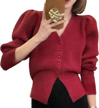 Generic Cardigan dhiver &eacute;l&eacute;gant pour femme avec col en V et col en V, Rose rouge, taille unique