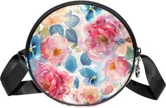 Generic Petit sac &agrave; bandouli&egrave;re rond pour femme, motif floral aquarelle avec fermeture &eacute;clair, bretelles r&eacute;glables, sac &agrave; main rond d&eacute;contract&eacute; pour femmes et