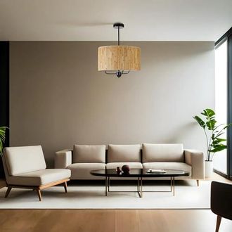 Opviq Elegant Metal Chandelier with Bamboo Cap, 45 cm Diameter, Adjustable Height, E27 Socket, 40W Max, Stylish Wooden & Black Finish for Modern Spaces