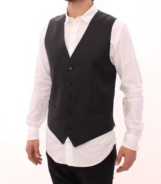 Dolce & Gabbana Mens Gray Striped Wool Single Breasted Vest Black Viscose Clothing