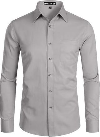 PARKLEES Chemise à manches longues pour homme - Coupe ajustée - Style décontracté - Avec poche, gris, XXL