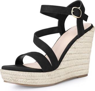 Allegra K Sandales compens&eacute;es pour femme avec sangle de cheville et bout ouvert et boucle, Noir, 36.5 EU