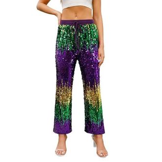 Generic Rrongwn Pantalon &agrave; paillettes pour femme - Pour f&ecirc;te, festival, club, discoth&egrave;que, discoth&egrave;que, vintage, avec jambes larges, disco, Violet fonc&eacute;., S