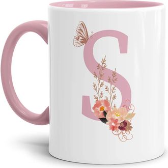 Tassendruck Buchstaben-Tasse mit Blumen - Buchstabe S - Innen & Henkel Rosa - Mug/Cup/Becher/Edel/Geschenk-Idee/Beste Qualit&auml;t - 25 Jahre Erfahrung