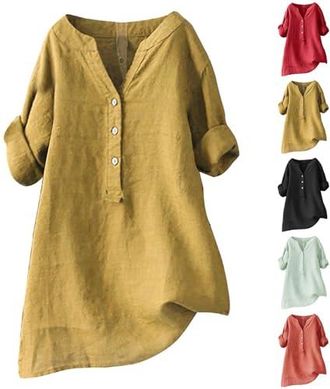 Generic Chemisier en lin pour femme surdimensionn&eacute; - Chemise en lin &agrave; manches courtes - Chemise d&eacute;t&eacute; en mousseline avec boutons - Col en V - T-shirt d&eacute;t&eacute; d&eacute;co