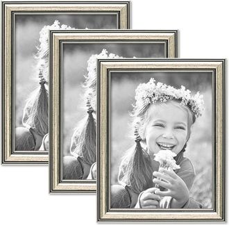 Photolini 3er Set Bilderrahmen Silber Barock Antik 15x20 cm Fotorahmen mit Glasscheibe/Kunststoffrahmen