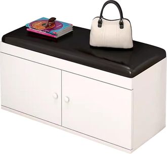 Generic 3-stöckige Schuhbank Mit Sitz Und Türen Aus PU-Leder, Aufbewahrungsbank Aus Massivholz for Den Eingangsbereich(White,100 x 30 x 50 cm)