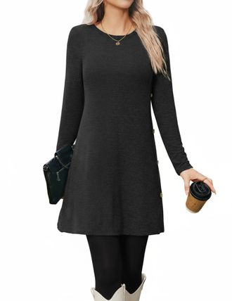 Zeagoo Herbstkleid Damen Kleider Rundhals Casual Strickkleid Langarm Knielang Herbstkleid Einfarbig Knopf Kleid Leichte Winterkleid Schwarz XXL