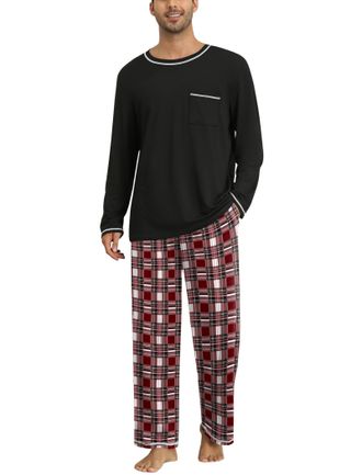 Ekouaer Schlafanzug Herren Lang Zweiteiliger Pyjama Set Winter Loungewear Warm Kariert Hausanzug mit Taschen, Rot Kariert XXL
