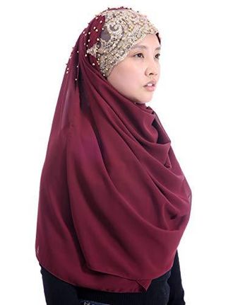 Lina & Lily Hijab Foulard Femme Musulmane en Mousseline de Soie avec Paillettes Perles Dor&eacute;es (Ch&acirc;taigne)