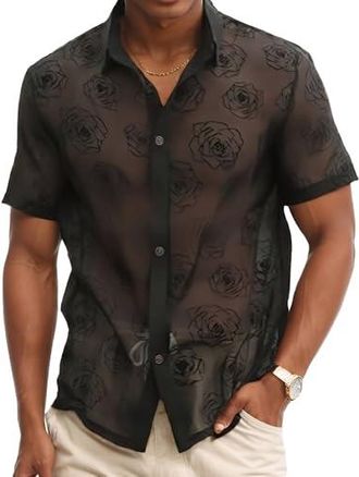 Feoya Chemise à manches courtes en dentelle pour homme - Transparent - Pour les muscles, les discothèques, les fêtes, les raves, Noir, XXL