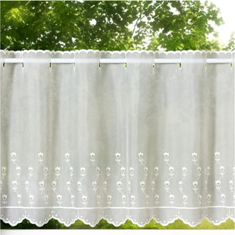 Heimtexland Scheibengardine Voile Stickerei Tulpe Transparent Deko Gardine Landhaus Bestickt Fensterdekoration BistrogardineTyp818 Natur HxB 60 x 148 cm