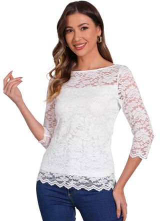 Allegra K Damen Top mit Blumen Spitzen 3/4-&Auml;rmel Rundhals L&auml;ssig Elegant Spitzenbluse Wei&szlig; XL