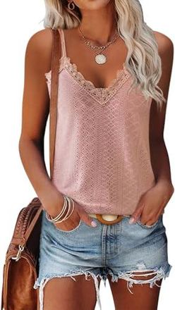 Onsoyours Debardeur en Dentelle Femme Ete Camisole Top à Bretelles Chic et élégant Col en V Sangle Spaghetti Caraco Hauts sans Manche A Rose Foncé XXL