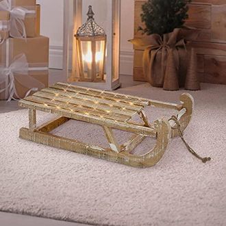 ECD Germany Tra&icirc;neau D&eacute;coratif avec LED de No&euml;l 50,5x13,5x23,5 cm - D&eacute;coration en Bois Marron - Ornament Sapin de No&euml;l avec Lumi&egrave;re Blanc Chaud - Sleigh Luge D&eacute;co