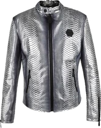 Philipp Plein Homme, Vestes, Gris, Taille: XL Python Leather Moto Jacket