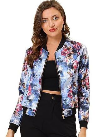 Allegra K Veste Bomber Femme Col Montant Zippé Imprimé Floral Costume dHalloween Bleu XL