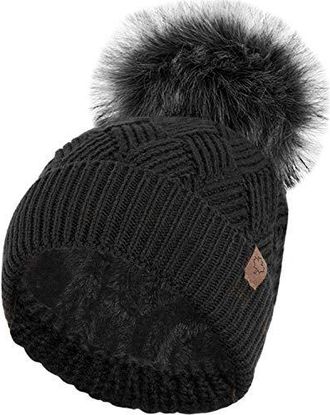 RockJock Chapeau de Tricot de câble de Diamant Chaud épais de Dames avec la Doublure Thermique dours en Peluche et Le Pompon démontable de Fausse Fourrure-Blac