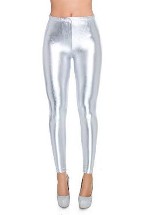 FUTURO FASHION Legging effet mouillé en latex imitation cuir brillant pour femme Taille haute Argenté Doré Tailles 36 à 48, Taille classique argentée, 38