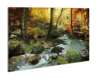 Wallario Schl&uuml;sselbrett aus Glas 30 x 20 cm, Wand Schl&uuml;sselhalter mit 4 Haken, Motiv: Wasserfall mit moosbedeckten Steinen im Herbstwald