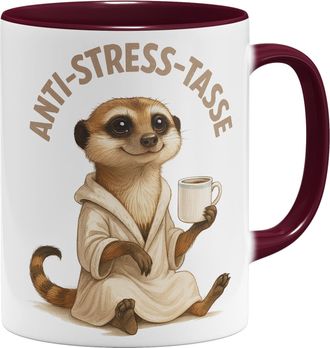 OM3 Erdm&auml;nnchen Anti-Stress Kaffee-Tasse - Lustige Meerkat Keramiktasse mit Tier-Motiv - Keramik Becher - 325ml - Beidseitig Bedruckt - Bordeaux