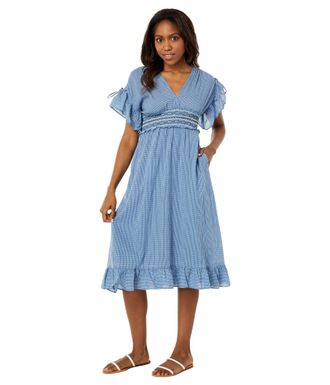 Max Studio Damen Garngefärbtes Flatterärmeln Kleid, Blaues Gingham-134-100, Medium