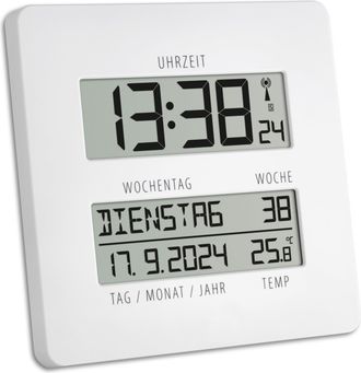 TFA Dostmann Digitale Wanduhr inkl Funkuhr Temperaturanzeige Timeline, 60.4509, Kalenderfunktion (Wochentag, Datum, Kalenderwoche), Tischuhr, 2 Uhrzeiten, Weckfunk