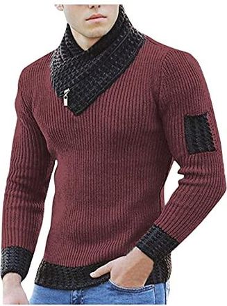 Generic Pull en coton tricoté à manches longues pour homme - Couleur unie - Pull élégant en tricot de style haute Angleterre, rouge, XXL