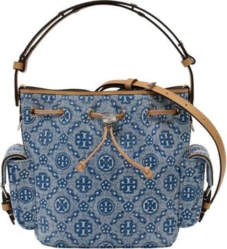 Tory Burch Femme, Sacs, Bleu, Taille: ONE Size T Monogram Denim Bucket Bag