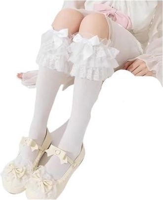 Generico Chaussettes hautes au genou avec noeud style mignon avec garniture en dentelle, blanc, Taille Unique