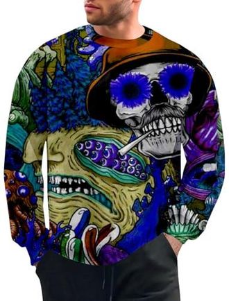 Generic Pull à col rond pour homme décontracté à la mode ample et tendance couleur unie à manches longues col rond t-shirt dhiver, bleu, 4XL