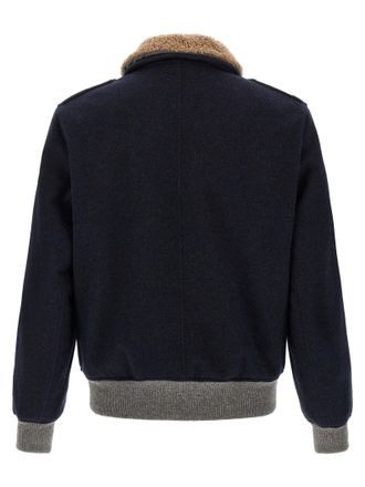 Brunello Cucinelli Cashmere Bomber with Shearling Collar Jacket - Navy