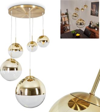 HOFSTEIN H&auml;ngeleuchte Degevos, 5-flammige Deckenlampe aus Metall/Glas in Goldfarben/Klar, moderne Pendellampe mit Kugeln aus Echtglas, H&ouml;he max. 142 cm, 5 x E2