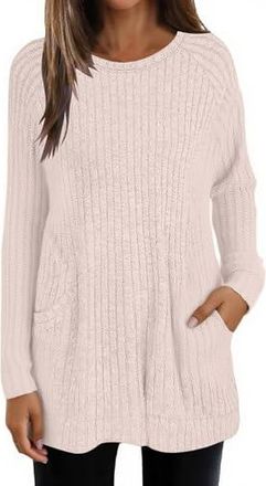 Generic Pull long décontracté pour femme - Pull en tricot surdimensionné - Élégant - Avec poches - Couleur unie - Manches longues - Pour lhiver - Coupe ample 