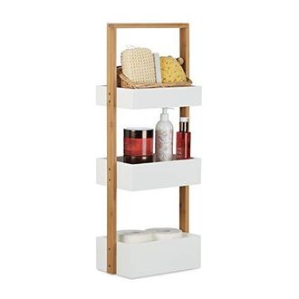 Relaxdays Badregal Bambus, Badezimmerregal mit 3 Körben, Korbregal fürs Bad, MDF, HxBxT: 76 x 30 x 18,5 cm, weiß/natur