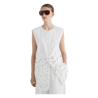 Meimeij Femme, Blouses et Chemises, Blanc, Taille: 40 FR Camicia lunga smanicata bordo orlo ricamato