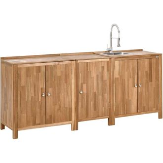 Beliani Ilot de Cuisine Ext&eacute;rieur Ensemble 3 Pi&egrave;ces &Eacute;tag&egrave;res avec &Eacute;vier et Robinet Acier Inox Argent&eacute; Bois dAcacia Marron Venosa