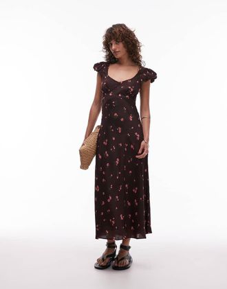 Mango Midikleid in Braun mit Blumenmuster und U-Ausschnitt